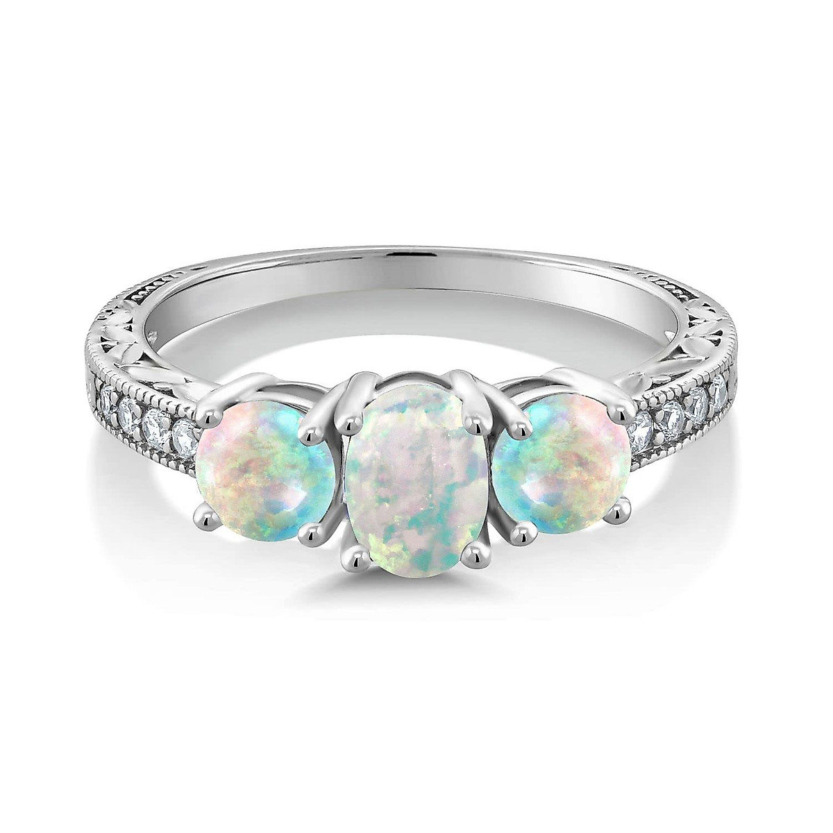 Gem Stone King 10K White Gold White Opal and White Lab Grown Diamond 3 Stone Engagement Ring For Women (2.04 Cttw, Oval Cabochon Gemstone October Birthstone, Available in size 5, 6, 7, 8, 9)