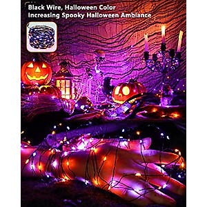 Brizled Orange & Purple Halloween Lights, 39.37ft 120 LED Orange Lights, Purple Solar Halloween Lights 8 Modes, Outdoor Twinkle Orange Halloween String Lights for Halloween Party DIY Decor, Black Wire