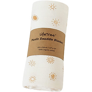 LifeTree Baby Muslin Swaddle Blankets, 100% Organic Cotton, Large 47 x 47 inches, Sunshine Print Muslin Swaddling Blanket for Boys & Girls