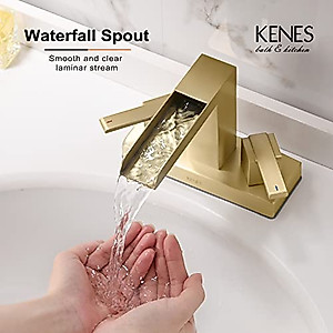 KENES Brushed Gold Waterfall Bathroom Faucet 3 Hole Gold 4 Inch 2 Handle Centerset Bathroom Sink Faucet Modern Bathroom Vanity Faucet with Supply Lines, KE-9053-4