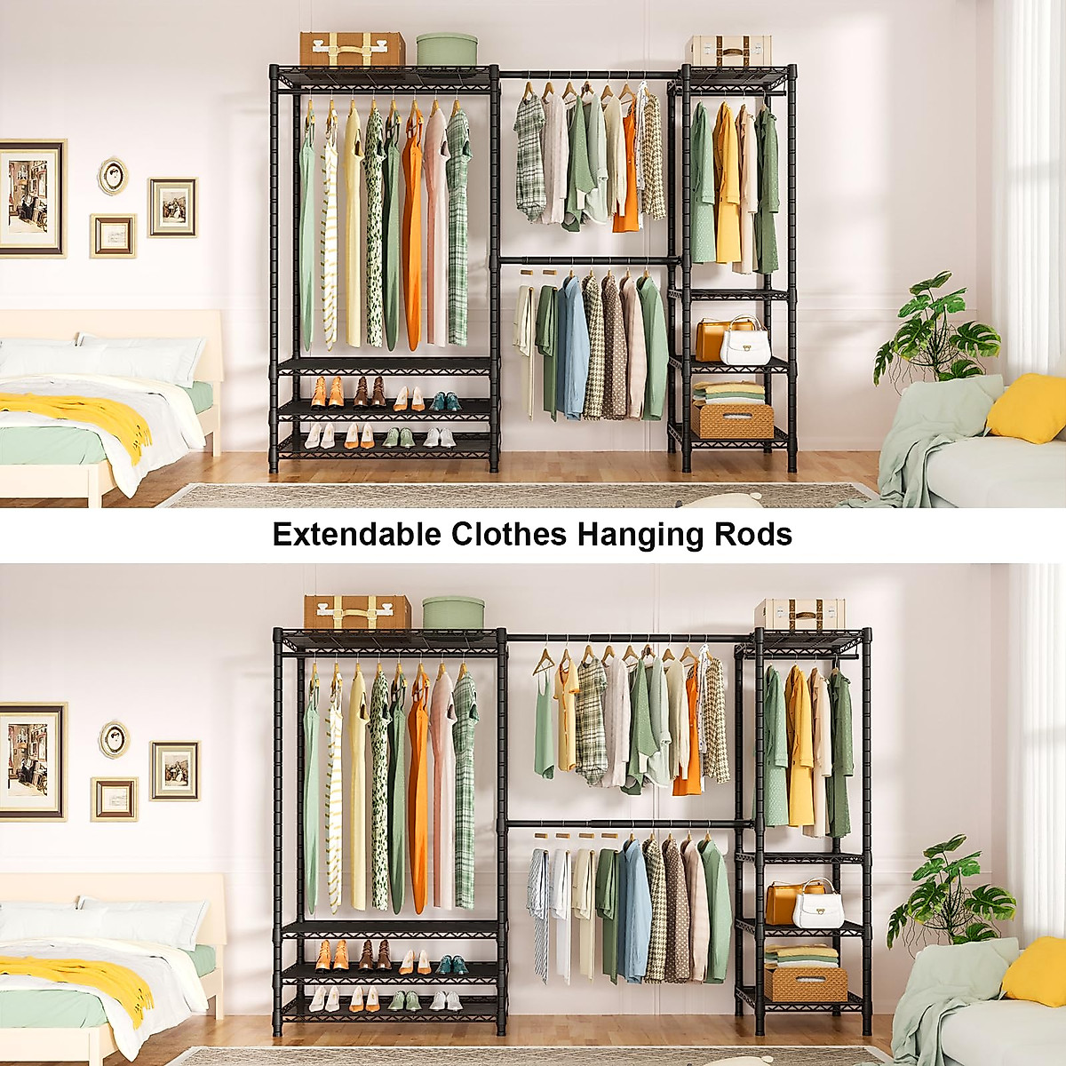 Ulif E11 Heavy-Duty Garment Rack, Metal Freestanding Clothes Rack and Closet Storage Organizer System with 8 Shelves and 4 Hanger Rods, (73.2 - 97.6)"W x 14.5"D x 71.2"H, Load 962 LBS, Black