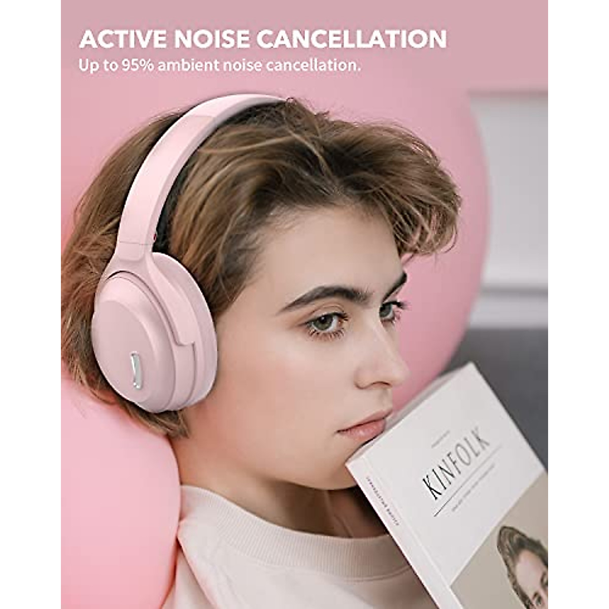 HROEENOI Active Noise Cancelling Wireless Bluetooth Over-Ear Headphones, Memory Foam Ear Cups, Quick Charge for 40H Playtime, Ideal for Travel, Home Office, Gym Workouts -Pink