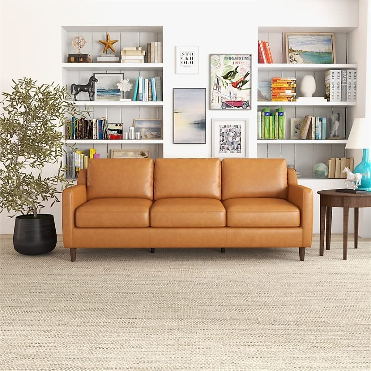 ASHCROFT Madison Mid Century Modern Furniture Genuine Leather Couches in Cognac Tan