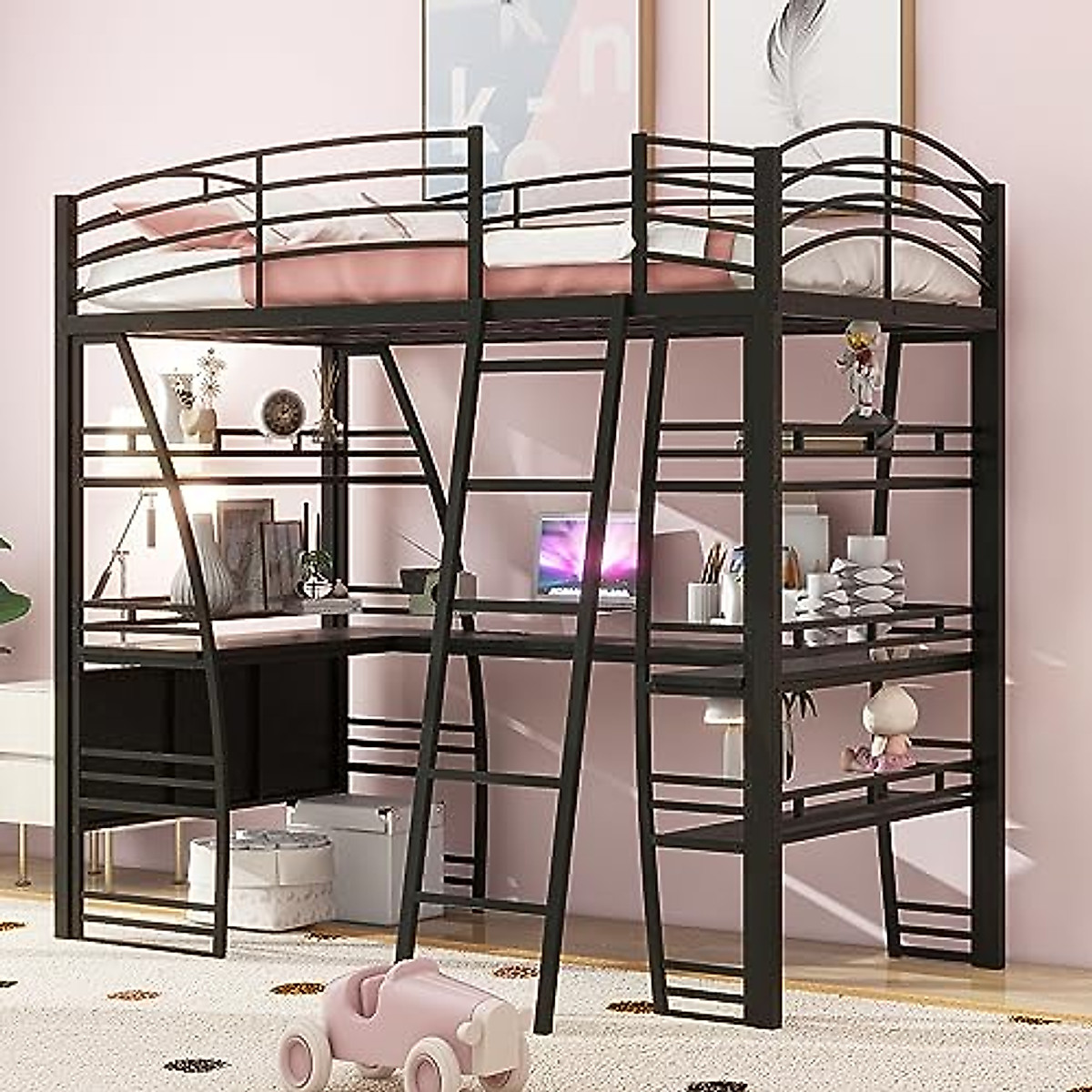 FANYHOME Twin Size Loft Bed with 4 Layers of Shelves and L-Shaped Desk, Stylish Metal Frame Bed with a Set of Sockets, USB Ports and Wireless Charging, Black