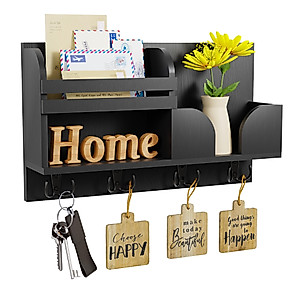 YEMNMFH Floating Black Key Holder for Wall, Rustic Wood Entryway Shelf for Storage, Easy to Install Mail Organizer with 4 Hooks, Decorative Coat Rack for Bathroom, Kitchen, Bedroom and Home Decor