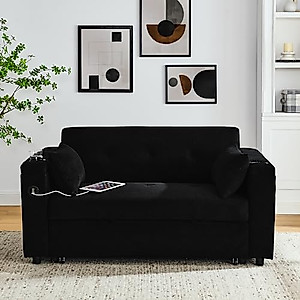 Convertible Pull Out Sleeper Sofa Bed Double Seat Recliner Futon Couch with Cupholders Armrests and Side Pockets, Adjustable Loveseat Chaise Lounge with USB Power Outlet and Lumbar Pillow for Office