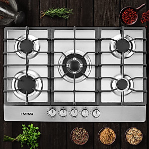 Gas Cooktop, HBHOB 30 Inches 5 Burners Gas Stove Gas Hob Stovetop Stainless 5 Sealed Burners Cast Iron Grates Built-in Gas Stove Top LPG/NG Gas Cooktop Thermocouple Protection and Easy to Clean …