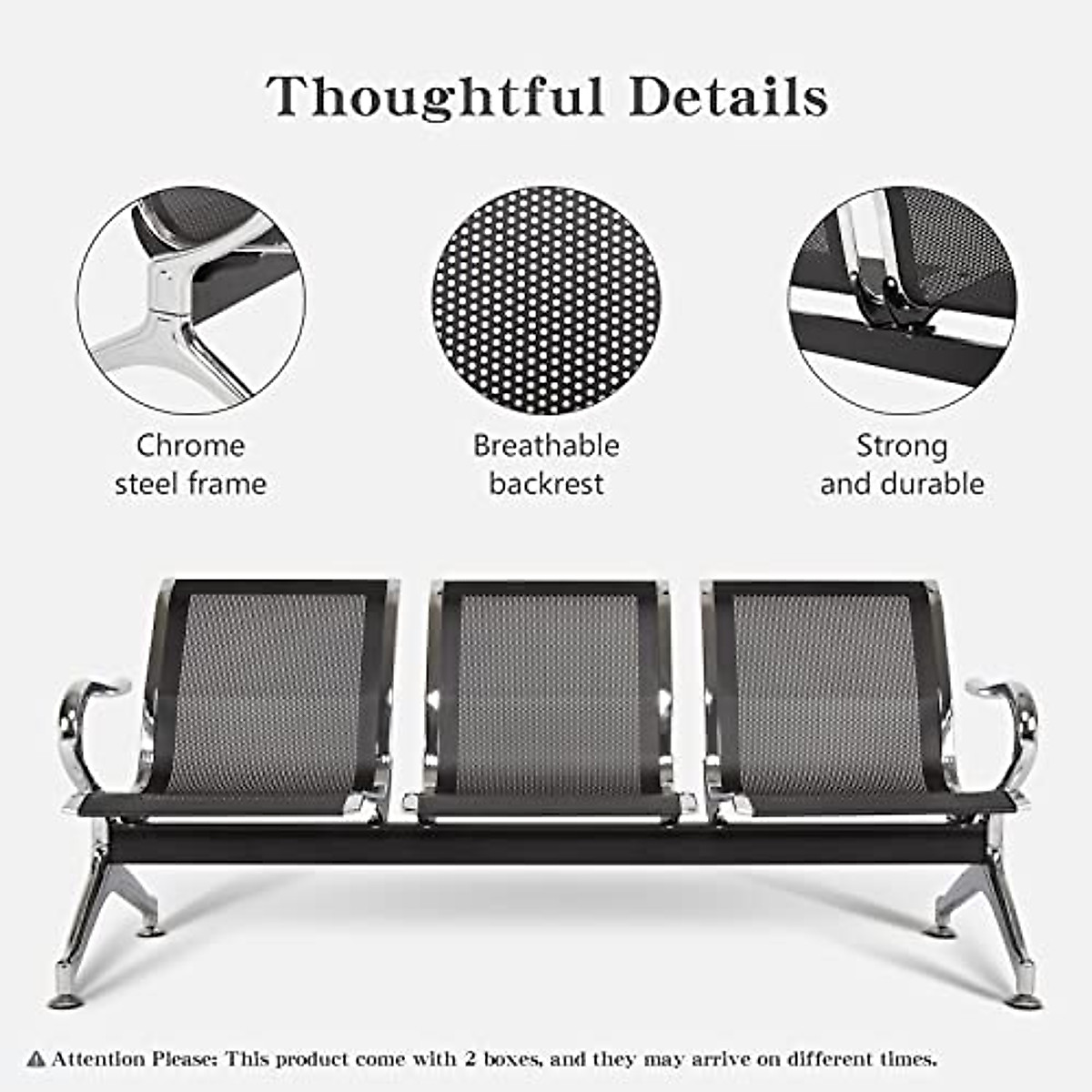 Elesuli 3 Seats Reception Waiting Room Chair Guest Chairs Bench for Hospital Offices Salon Barber Black