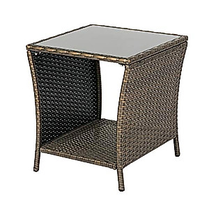 KINTNESS Wicker Rattan Side Table Outdoor End Table Patio Courtyard Coffee Bistro Glass Table with Storage