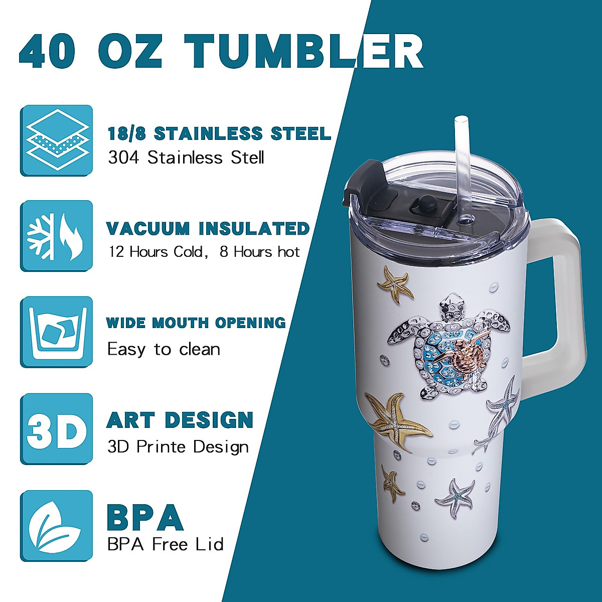 Gome 40 oz Sea Turtle Tumbler with Handle - Insulated Stainless Steel Ocean-Themed Cup with Lid and Straw - Keeps Drinks Cold and Hot,Birthday Gifts for Women - Hand Wash Only