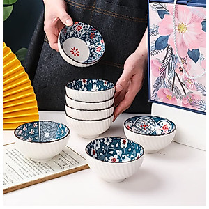 RYUHYF ceramic bowl, Japanese rice bowl, with gift box. 10 oz thick blue and white porcelain bowl, kitchen cereal bowl, dessert bowl (Two bowls set)