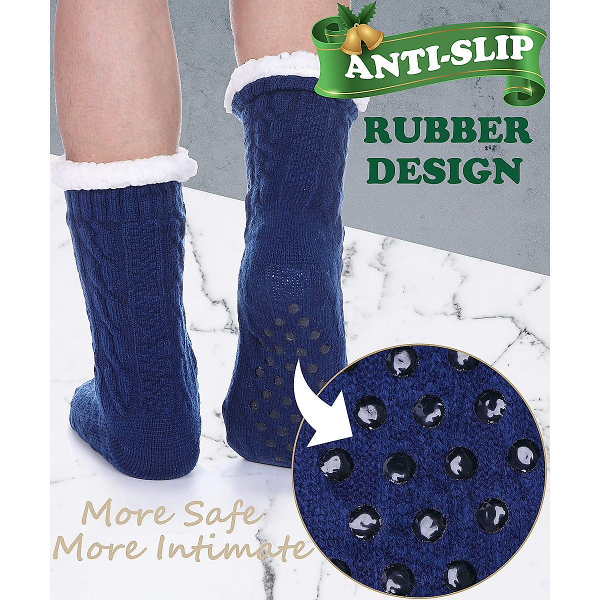 EBMORE Mens Slipper Fuzzy Socks Winter Cozy Fluffy Cabin Warm Fleece Soft Comfy Thick Non Slip Christmas Home Stocking Stuffer (Blue)