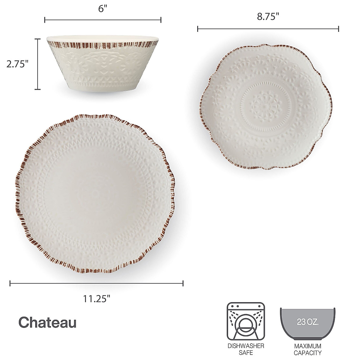 Pfaltzgraff Chateau 12 Piece Outdoor Melamine Dinnerware Set, Service for 4, White
