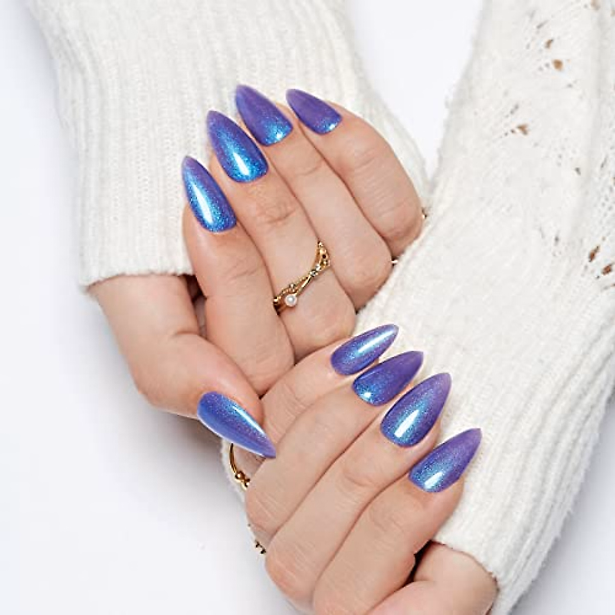 GLAMERMAID Jelly Press on Nails Almond- Handmade Gel Nails Series | Blue Glitter Galaxy Fake Nails Medium Short Length Shimmer Acrylic False Nail Kits Stick Glue on Nails Sets Reusable Full Cover for Women Girls Gift, 24Pcs