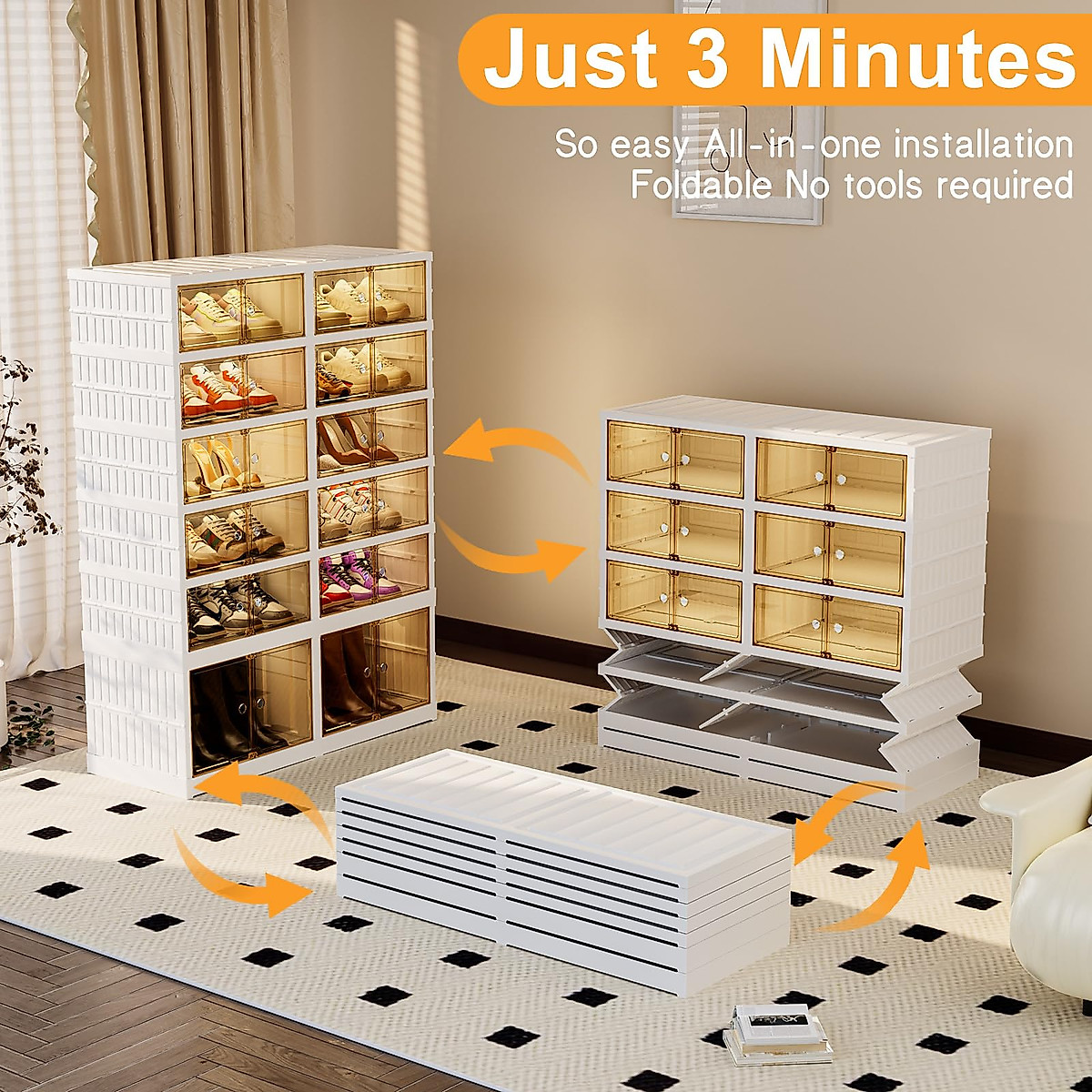 PeSenp 6 Tier Shoe Storage Cabinet Foldable Shoe Rack with Magnetic Clear Door, Easy Assembly Dust Free Collapsible Shoe Cabinet, 24 Pairs Shoe Storage Box Large Shoe Storage for Door Entrance