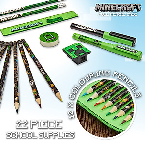 Minecraft Children's Pencil Case with Multiple Compartments, Stationery Included – School Supply (Green Mob)