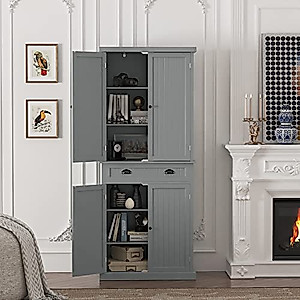 Yusong 72'' Tall Kitchen Pantry Cabinet, Farmhouse Storage Cabinet with 4 Doors, Drawer and Adjustable Shelf, Freestanding Wooden Cupboard Buffet for Dining Room Living Room, Grey