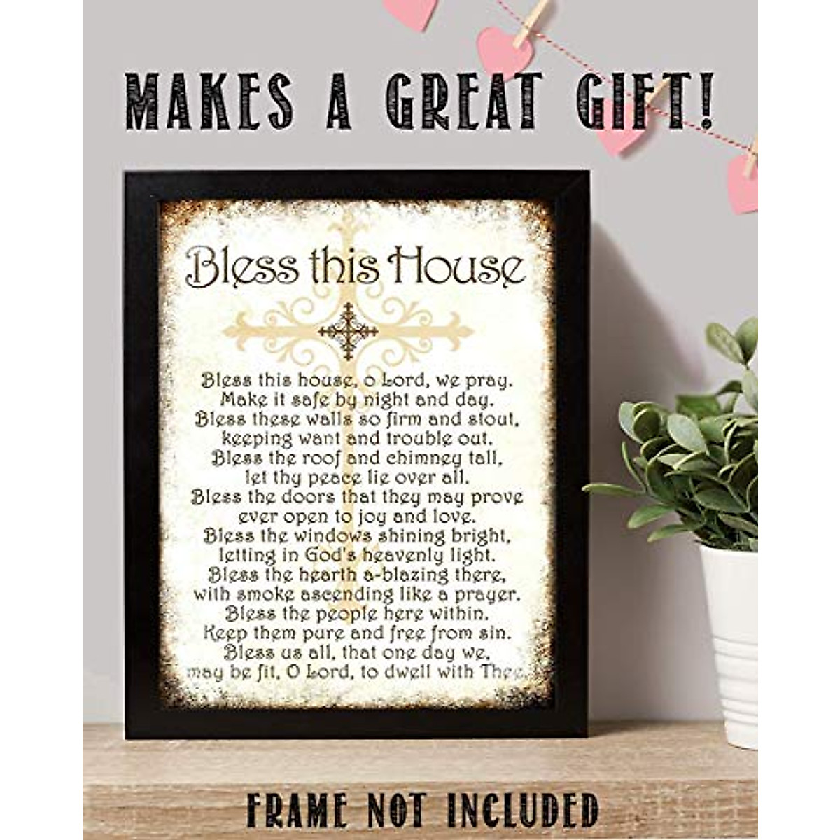 "Bless This House, O Lord, We Pray- Distressed Parchment Print- 8 x 10" Wall Art- Ready to Frame. Traditional Script Design-Home Décor- Kitchen Décor- Christian Gifts. Inspirational Prayer For All.