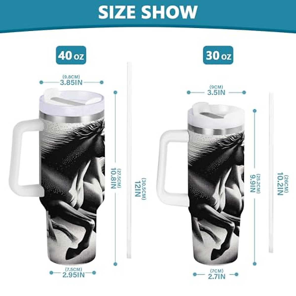 Maunzc 30 oz Tumbler with Handle and Straw, Insulated Stainless Steel Travel Mug with Lid for Coffee, Iced Tea, Water, Gift for Men Women (Horses Running Halftone)