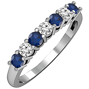 Dazzlingrock Collection 2.5mm Alternate Round Blue Sapphire and White Diamond 7 Stone Wedding Band for Women in 10K White Gold Size 7