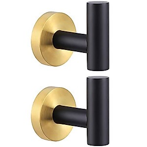 APLusee Robe Towel Hook Matte Black and Gold 2 Pack, SUS 304 Stainless Steel Stylish Home Coat Hanger, Round Towel Holder for Bathroom Toilet Kitchen, Wall Mount Hardware Practical Organizer