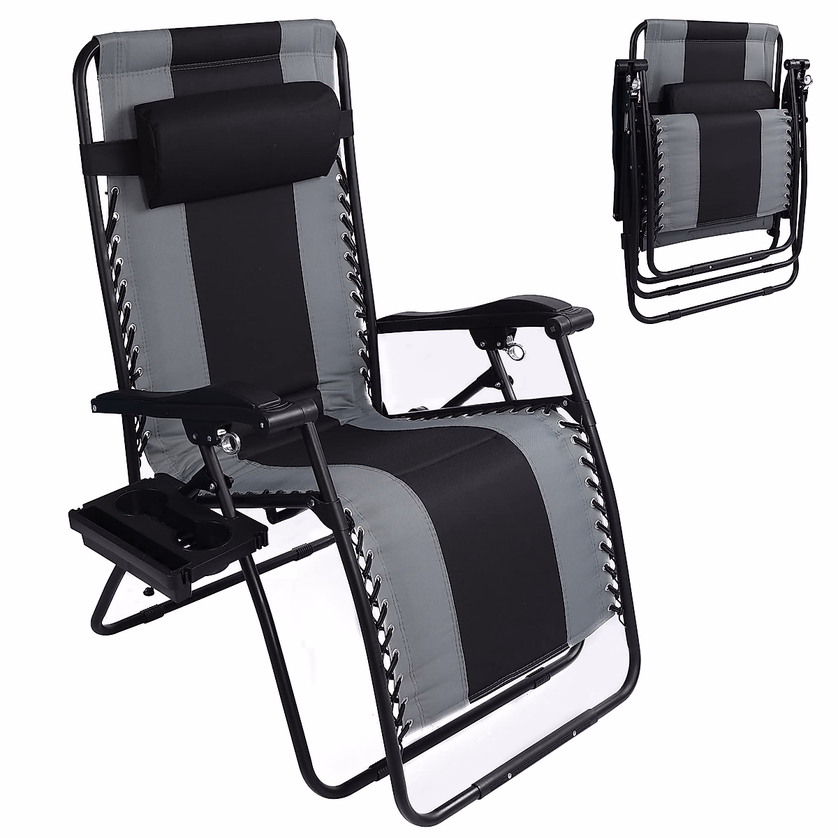 Piamomso Oversize Zero Gravity Chair with Cup Holder,Folding Recliner Lawn Zero Gravity Lounge Chair with Headrest, Grey & Black