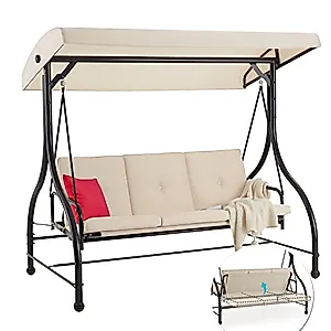 AECOJOY 3-Seat Outdoor Patio Swing Chair, Converting Swing Glider Canopy Hammock w/Adjustable Backrest and Canopy, Removable Cushions for Porch, Backyard, Poolside, Beige