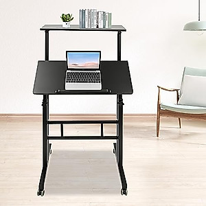 PIOJNYEN Mobile Stand up Desk, Small Adjustable Standing Desk with Wheels Home Office Workstation, Portable Rolling Desk Laptop Cart for Standing or Sitting, Black (23.62 * 11.81in, Black)