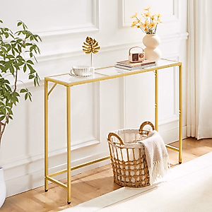 MAHANCRIS Console Table, 40.2” Modern Sofa Table, Tempered Glass Hallway Table, Slim Couch Table, Narrow Sofa Table with Metal Frame, Easy to Install, for Entryway, Living Room, Gold CTJ101B01