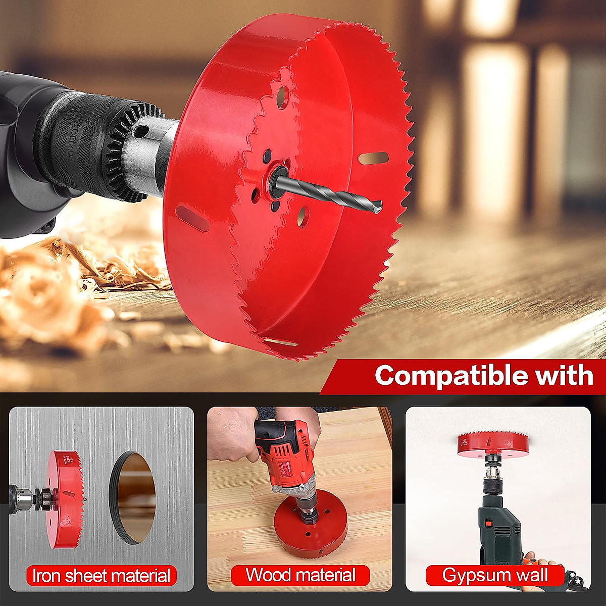 6 Inch Hole Saw - 152mm HSS Bi-Metal Hole Cutter for Different Project with Smooth and Flat Drilling Edge, Fast Chip Removal, Handy Hole Saw Kit Set for Cornhole Boards,Bean Bags Games,Recessed Lights