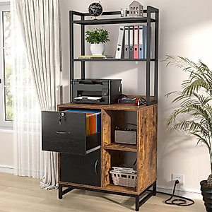 Homieasy Vertical Filing Cabinet with Lock & Charging Station, Large Drawer Wood File Cabinet with Bookshelf, Printer Stand with Open Storage Shelf, fits Letter Size for Home Office, Black and Rustic
