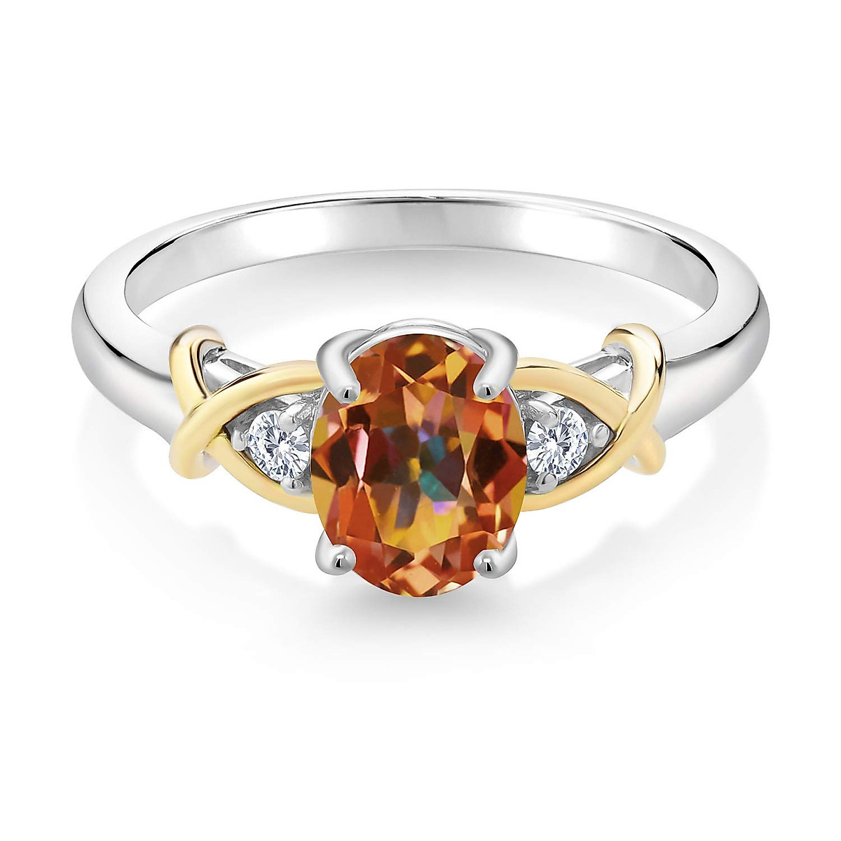 Gem Stone King 2 Tone 10K Yellow Gold and 925 Sterling Silver Ecstasy Mystic Topaz and Lab Grown Diamond Women Ring (1.58 Cttw, Available in Size 5,6,7,8,9)