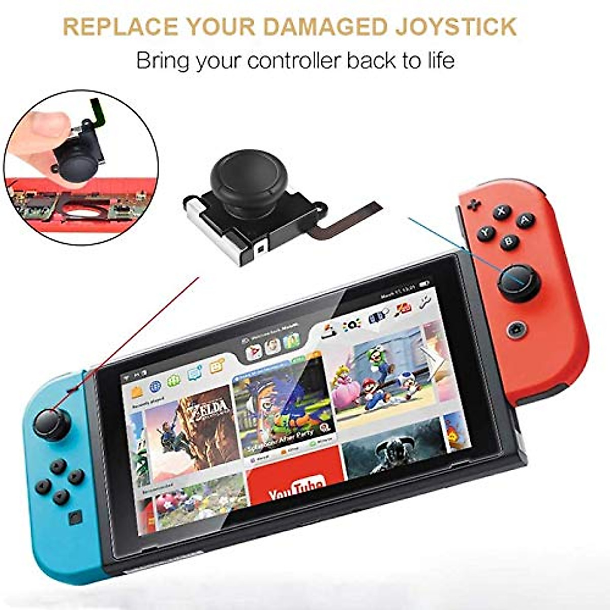 4 Pack Replacement Joystick for Joycon, 3D Analog Thumb Stick for Nintendo Switch Joy Con Controller with 4pcs Thumbstick Caps and Screws