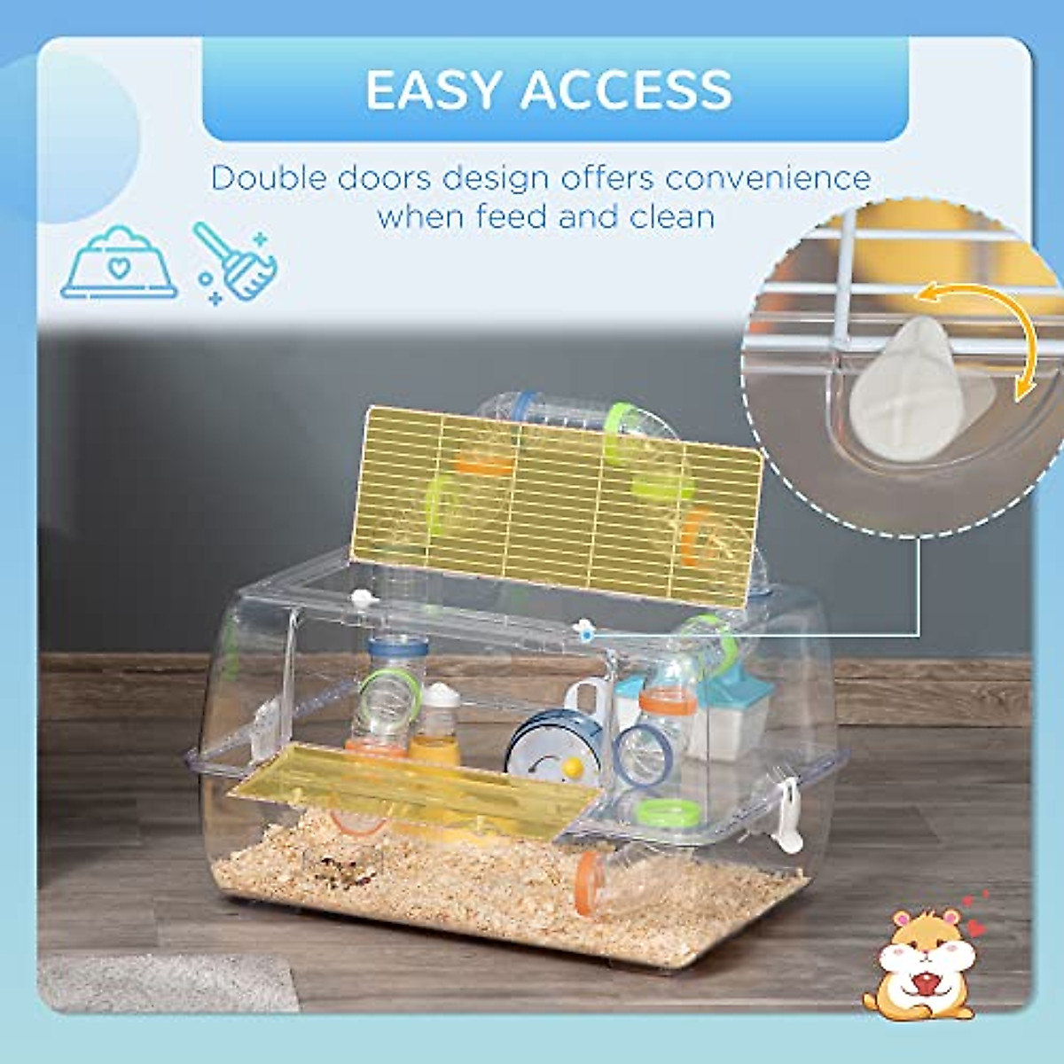 PawHut Hamster Cage, 2-Level Rat House Mouse Habitat with Accessories Tube Tunnels, Exercise Wheel, Water Bottle, Food Dish, Hut, 22" x 15" x 12.5", Transparent