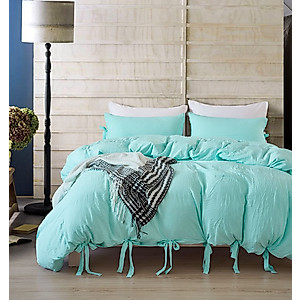 DREFEEL Egyptian Quality Vibrant Stone Washed Microfiber Turquoise Duvet Cover Queen Size 3 Pcs Set (1 Duvet Cover, 2 Pillowcases) - Soft Comforter Cover Quilt Case - Solid Bedding