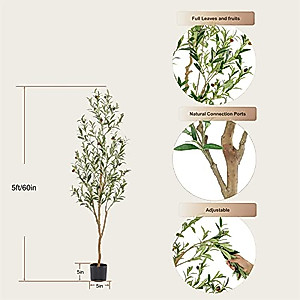Bellacat Faux Olive Tree 5ft，Olive Trees Artificial Indoor with Natural Wood Trunk and Realistic Leaves and Fruits. 5 Feet(60in) Fake Olive Tree for Home House Office Décor.