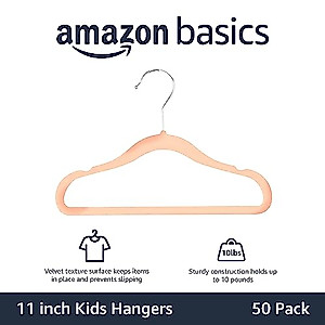 Amazon Basics Kids Velvet, Non-Slip Clothes Hangers for Infant and Toddler, 11.6 Inches (for baby clothes), Pack of 50, Blush