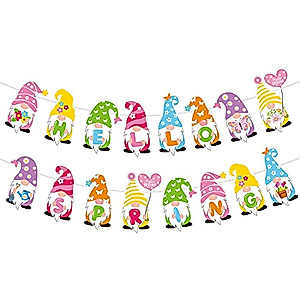 JKQ Hello Spring Gnomes Banner Spring Flowers Butterfly Tulip Daisy Gnome Garland Banner Colorful Spring Gnome Decorations Spring Easter Wedding Birthday Party Supplies for Indoor Outdoor Wall Mantle