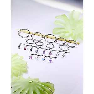 Vsnnsns 18G Nose Rings for Women Surgical Steel Nose Rings Hoops L Shaped Nose Studs Nose Hoop Rings 6mm 8mm 10mm Opal Nose Rings 2.5mm Diamond CZ Nose Ring Piercing Jewelry Silver 21Pcs