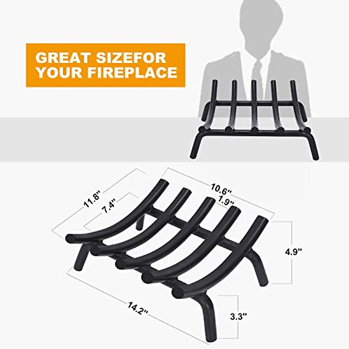 Fireplace Grate 14 Inch Solid Round Steel 3/4" Bar -Heavy Duty Wrought Cast Iron Indoor Outdoor Firewood Stove Log Holder Rack Wood Burning Fireplace Accessories, Camping, Chimney, Hearth Tools