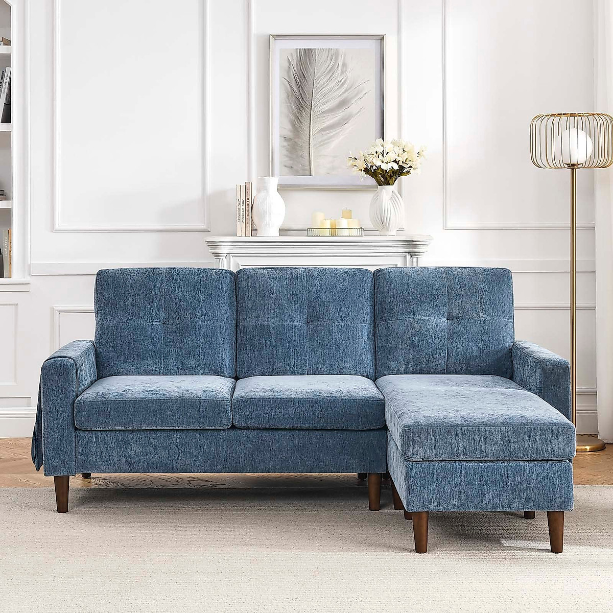 DUNTRKDU 80" Convertible Sectional Sofa Couch, Modern 3-Seat Chenille L-Shaped Sectional Sofa with Removable Cushions and Storage Pocket Bag for Small Living Room, Small Space (Navy Blue)