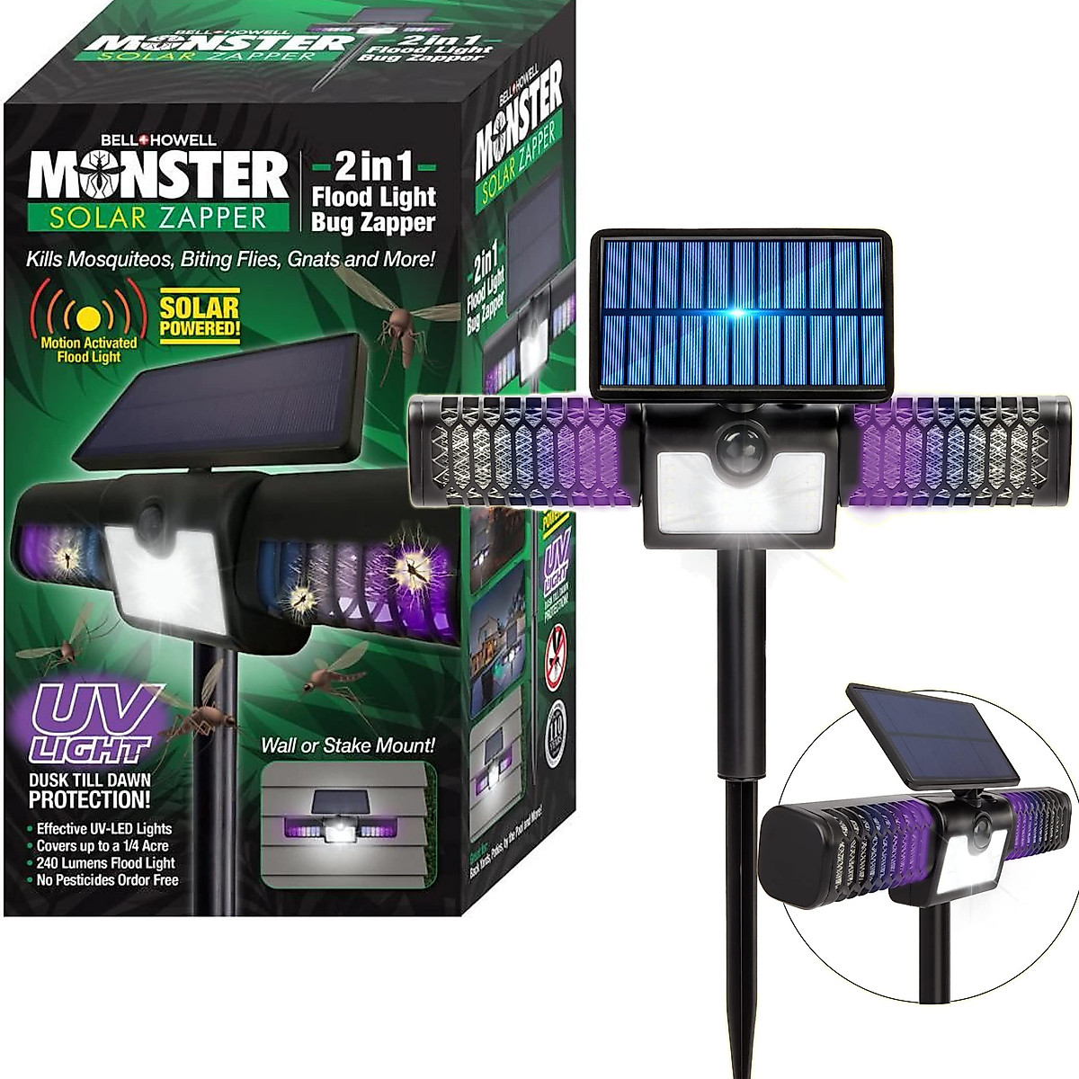 Monster Solar Bug Zapper Outdoor Waterproof, 2 in 1 Solar Powered Bug Zapper and Flood Light, Mosquito Zapper Outdoor for Fly, Bug, Mosquito and More, Motion Activated As Seen on Tv