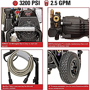 SIMPSON Cleaning MSH3125 MegaShot 3200 PSI Gas Pressure Washer, 2.5 GPM, Honda GC190 Engine, Includes Spray Gun and Extension Wand, 5 QC Nozzle Tips, 1/4-in. x 25-ft. MorFlex Hose, (49-State), Black