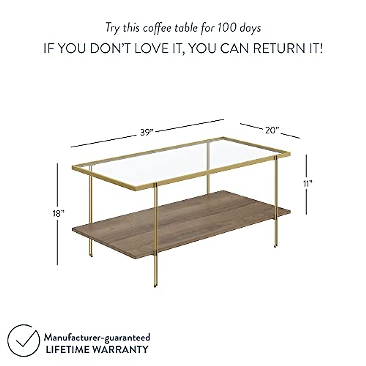 Nathan James Asher Mid-Century Rectangle Coffee Table Glass Top and Rustic Oak Storage Shelf with Sleek Brass Metal Legs, Gold