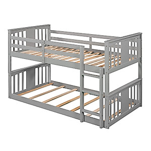 Twin Bunk Beds Low Bunk Bed Frame Wood Twin Over Twin Bunkbed for Kids Toddlers Boys Girls Bedroom, Gray