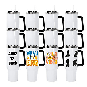 Icesip 12pack 40oz sublimation tumbler with Black Handle Lid and Straw,Stainless Steel Double Wall Vacuum Insulated Travel Mug Cup Tumblers for Diy Craft Heat Press Print
