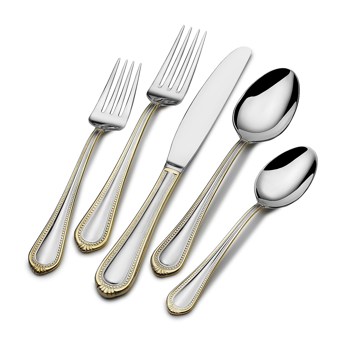 Mikasa, Gold Accent Regent Bead Flatware Service for 12, 65 Piece Set, 18/10 Stainless Steel, Silverware Set with Serving Utensils