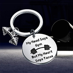 BEKECH Fitness Keychain Gym Keychain My Head Says Gym But My Heart Says Tacos Fitness Jewelry Fitness Lover Workout Gift Bodybuilding Gift (silver)
