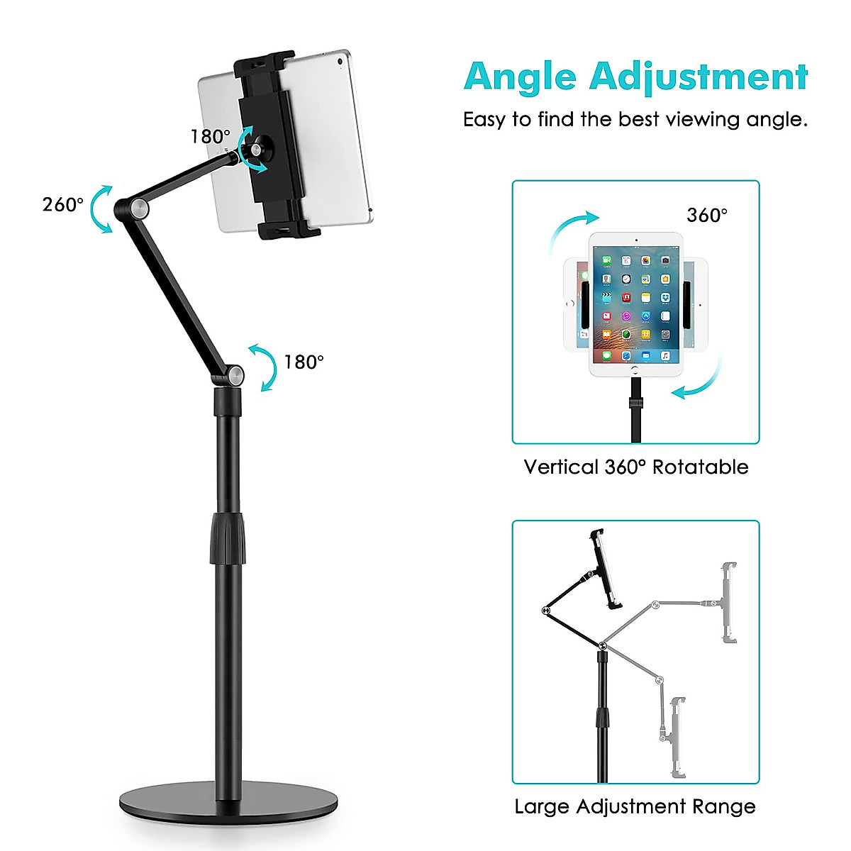 Viozon Tablet Phone Overhead Stand, Height & 360 Degree Angle Adjustable, Aluminum Desktop Stand, Compatible with 3.5-11" Cellphone or Tablet Such as iPhone iPad Pro Air Mini, Samsung, Nexus(AP-4P-B)