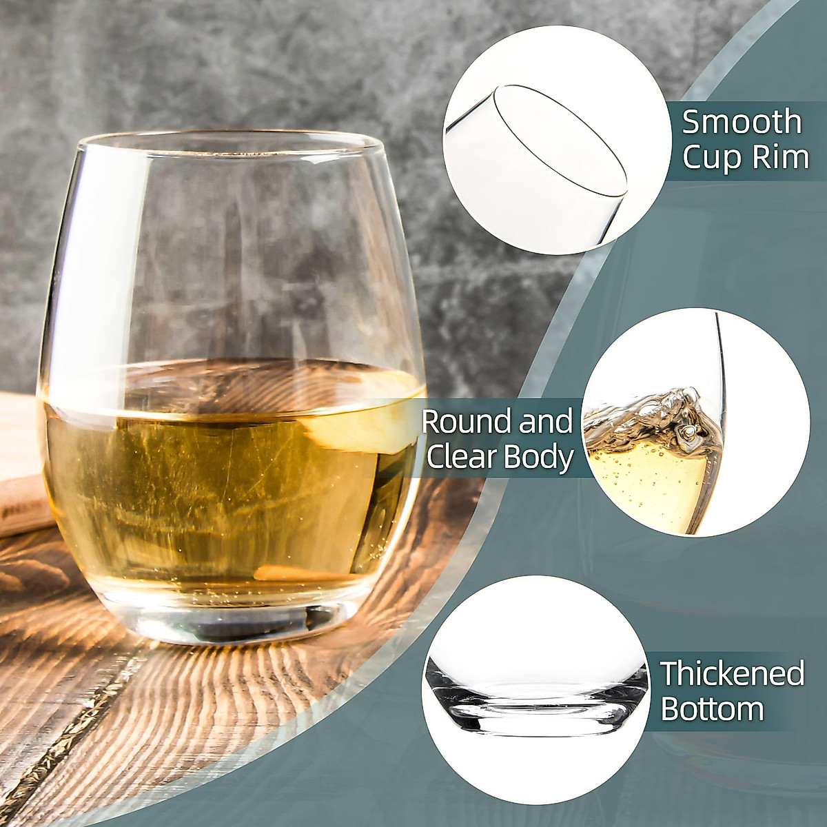 Stemless Wine Glasses, 15 oz Stemless Glasses Set of 12 for Red or White Wine, Stemless Glassware, No Stem Wine Glasses, Drinking Glasses, Clear